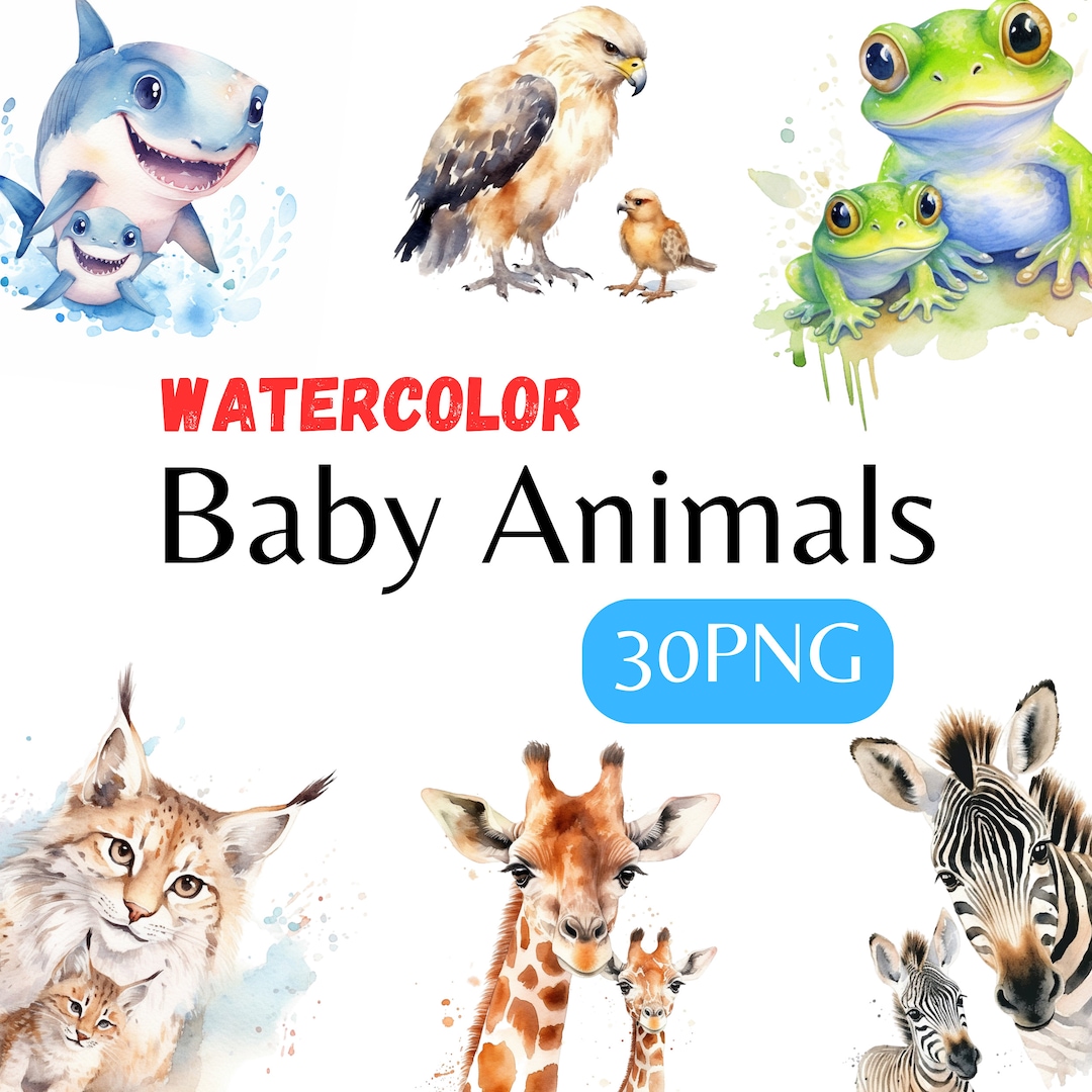 Watercolor Baby Animals With Mother, Graphics Bundle, Cute, Cuddling ...