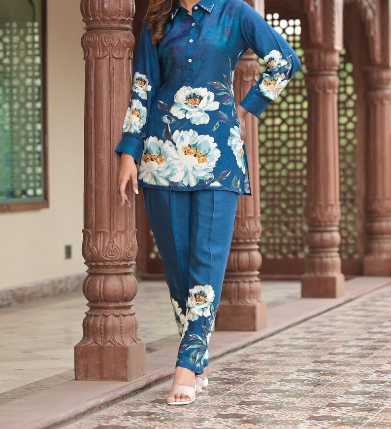Beautiful Indian Muslin Fabric Blue Digital Print Cord Set With Self ...