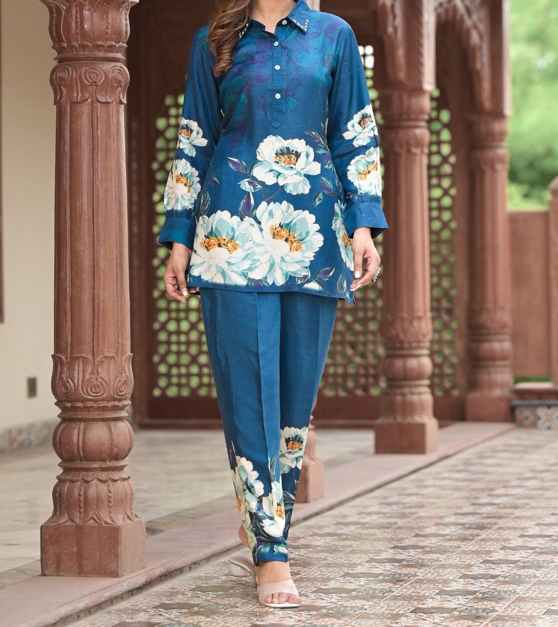 Beautiful Indian Muslin Fabric Blue Digital Print Cord Set With Self ...
