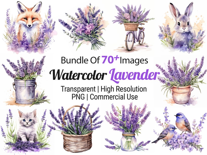 Watercolor Lavender Clipart Spring Floral Clipart, 70 Images ...