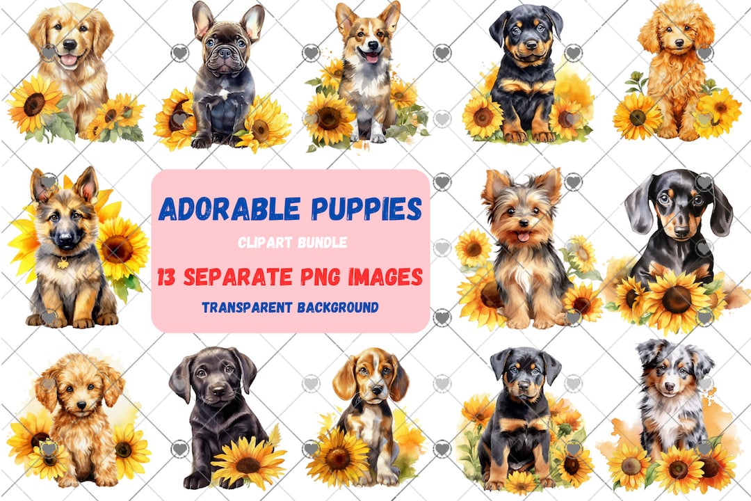 Puppies Watercolor Clipart Bundle Dogs With Sunflowers Watercolor ...