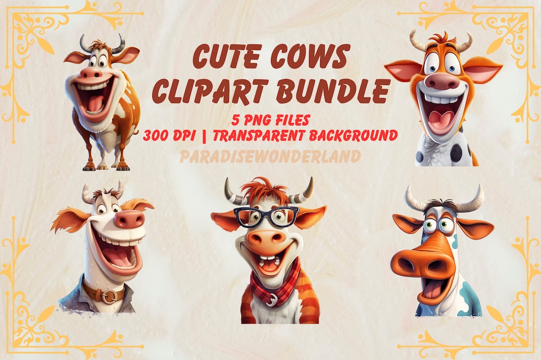 Cute Cows Clipart Bundle Funny Farm Animals Wall Art Nursery Room Decor ...