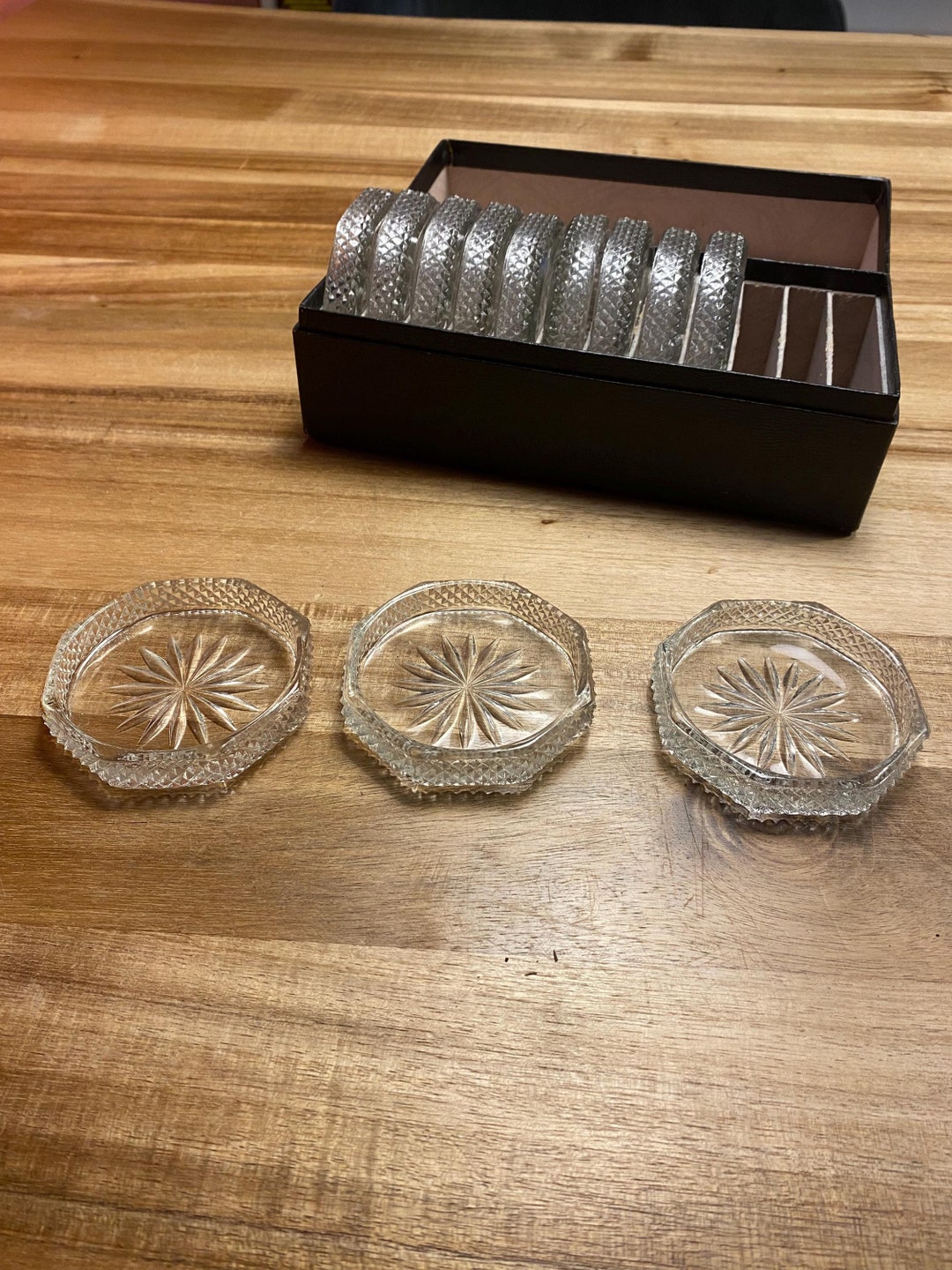 Set of 12 Vintage Glass Coasters – 1950s Cut Crystal Look – High Raised ...