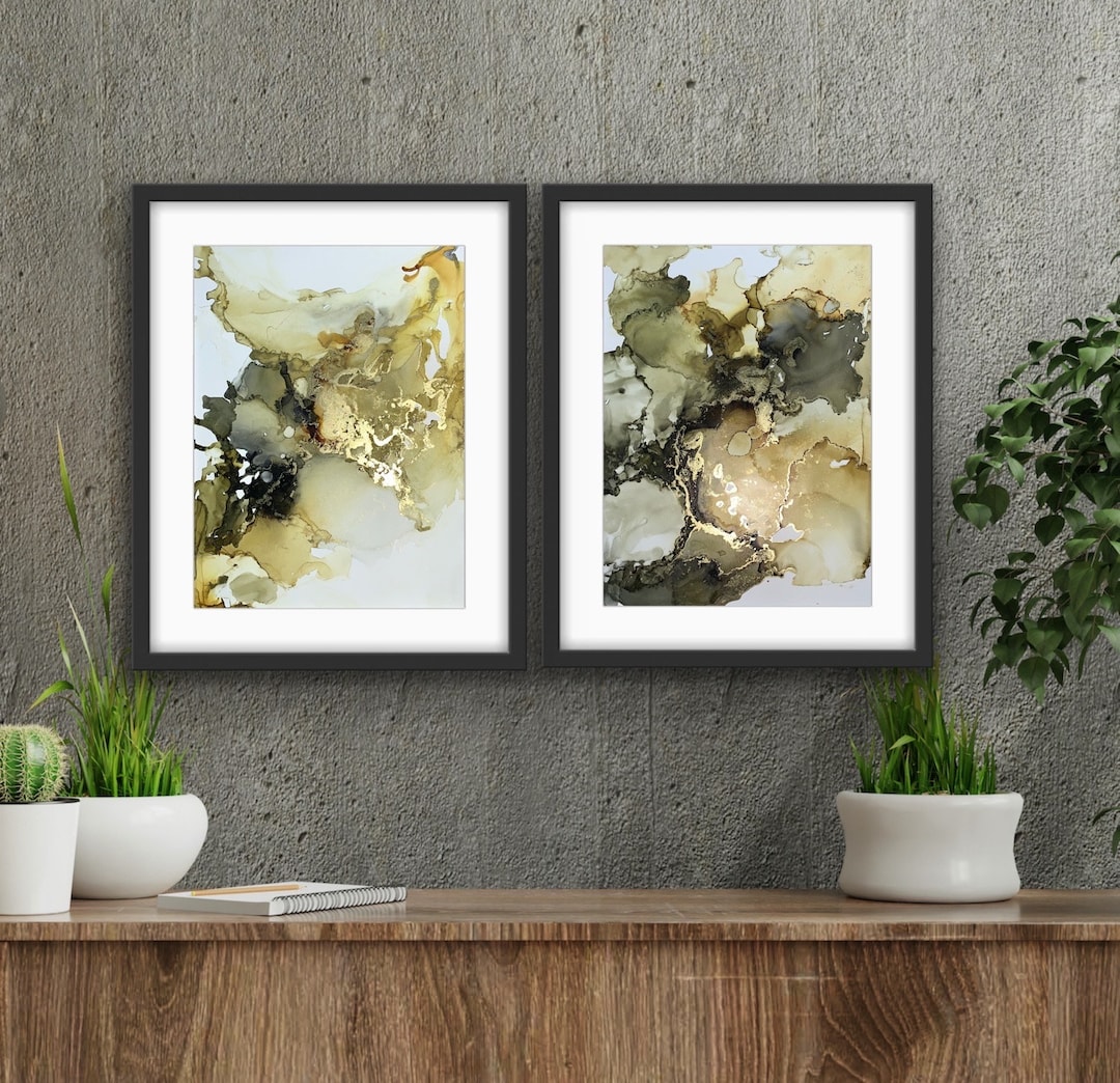 Set of 2 Original Abstract Art A4 Size Triptych Paintings Ink Artwork ...