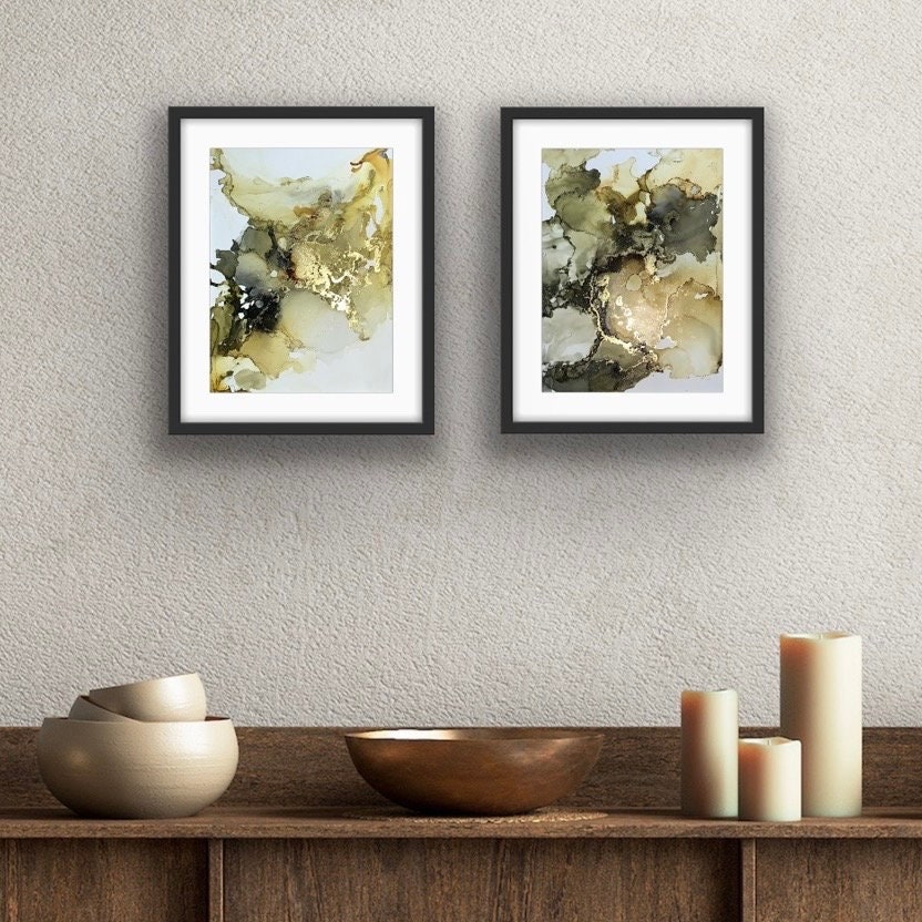 Set of 2 Original Abstract Art A4 Size Triptych Paintings Ink Artwork ...