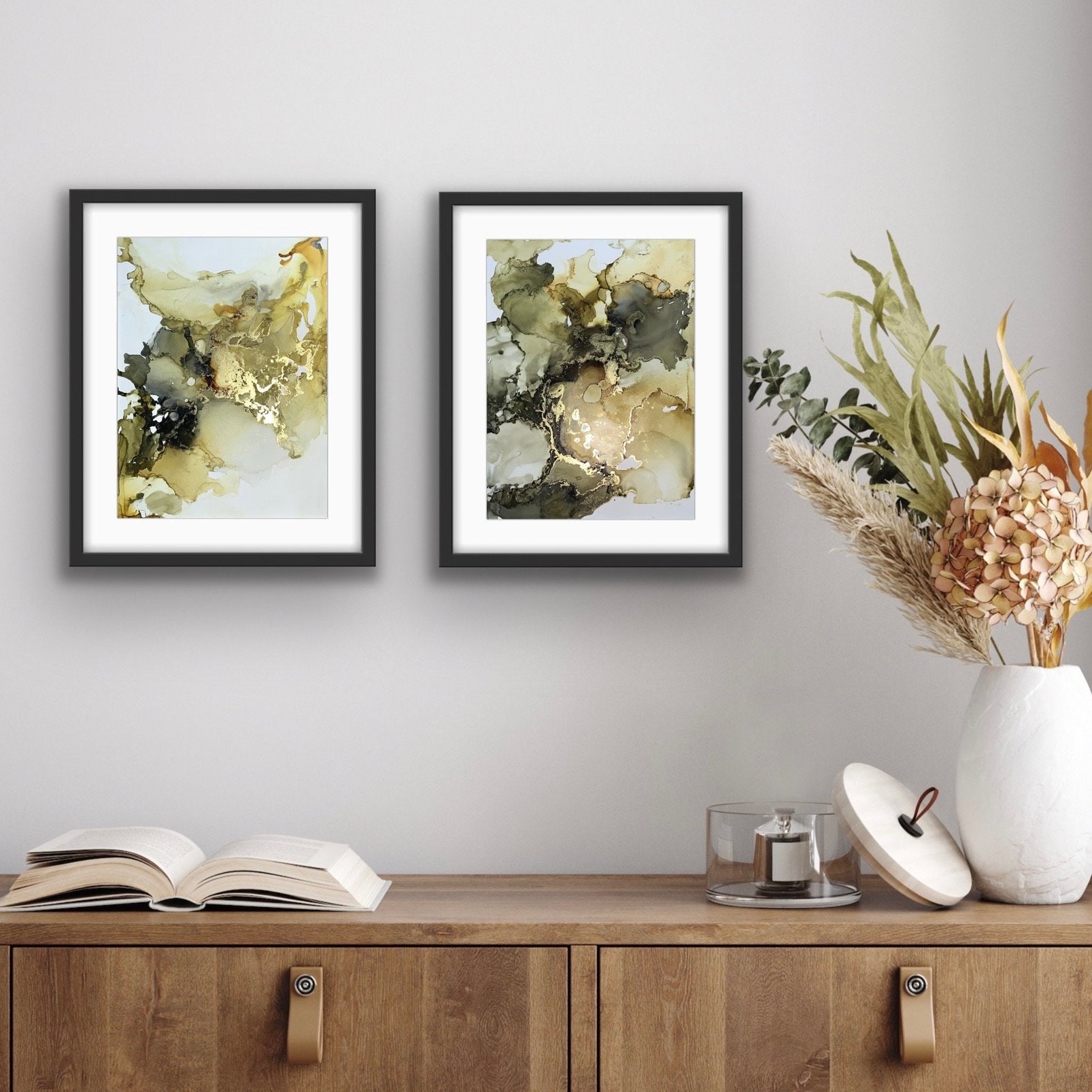 Set of 2 Original Abstract Art A4 Size Triptych Paintings Ink Artwork ...