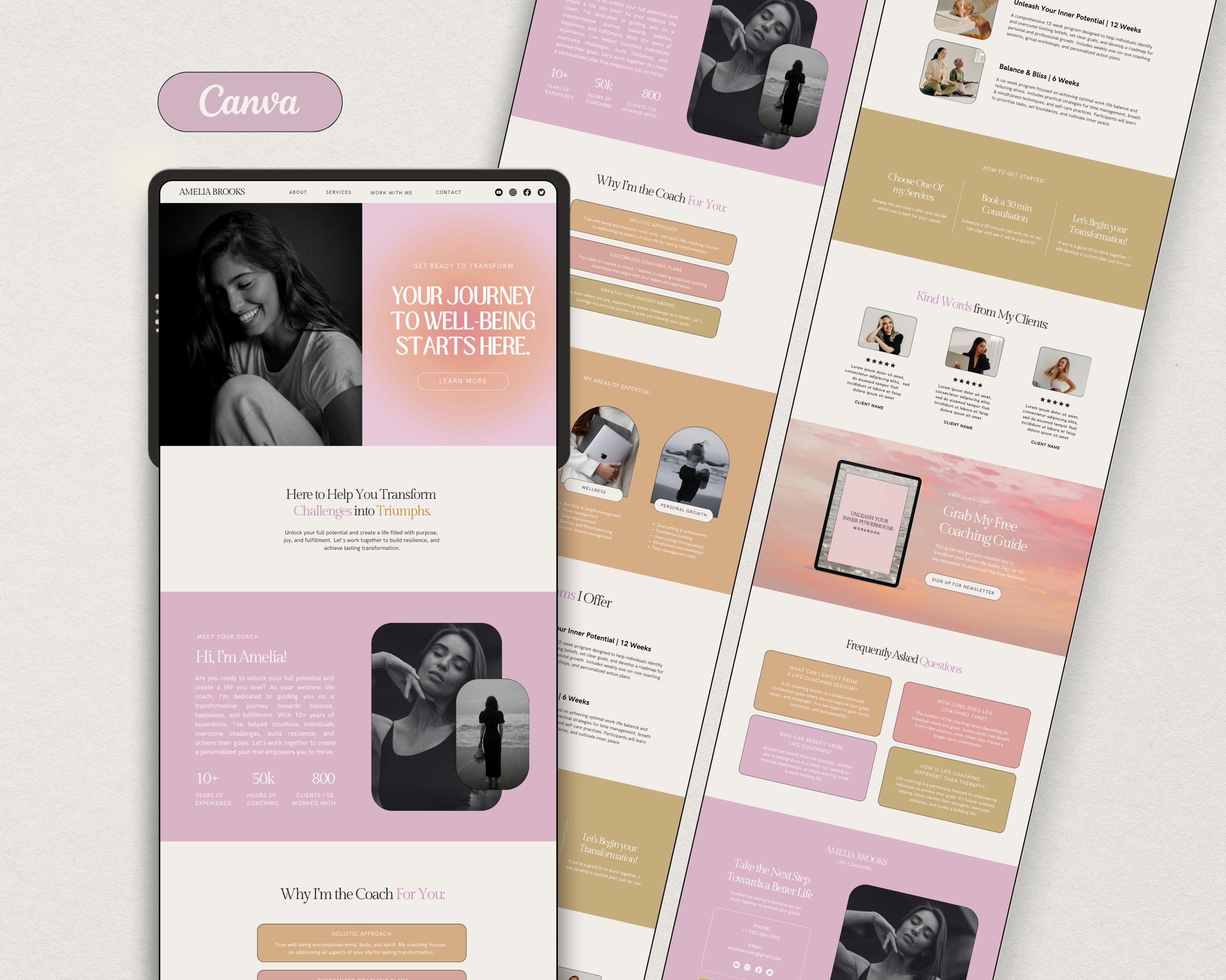 Life Coach Website Template, Canva Website, Coaching Template, Landing ...