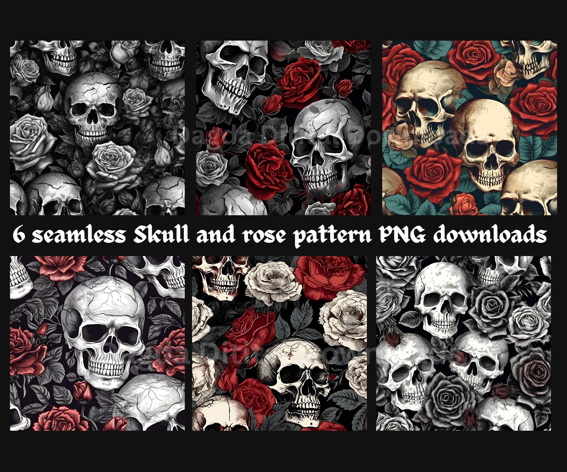 Vintage Skull and Roses Digital Download Pattern, Digital PNG Download ...