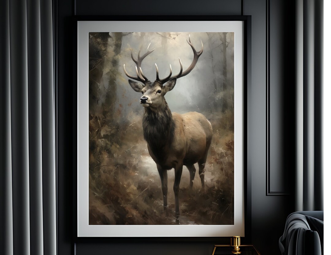 Stag Art Print, Stag in Forest Art Print, Nature Forest Art Print ...