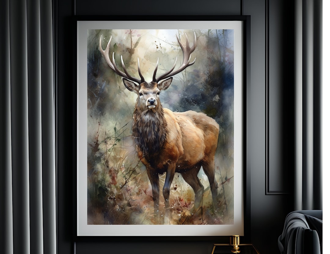 Stag Art Print, Stag in Forest Art Print, Nature Forest Art Print ...