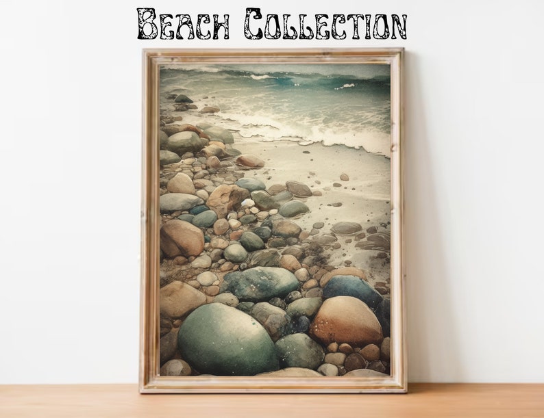Pebble Beach Art Print, JPG PNG Digital Download, Coastline Landscape ...