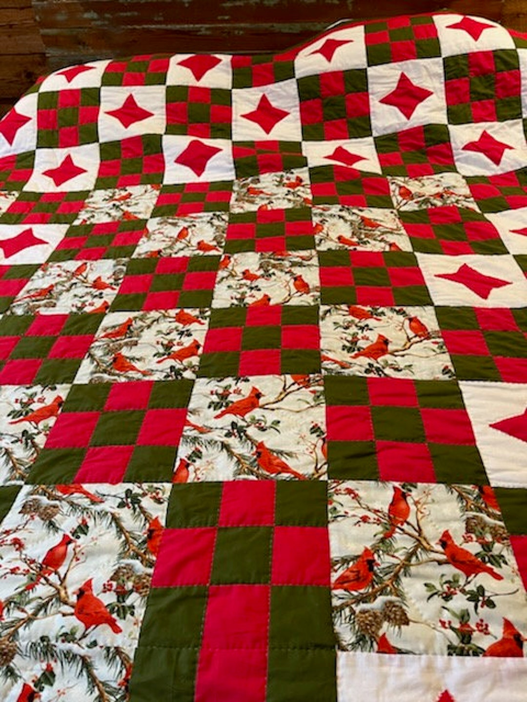 Christmas Cardinals Quilt Queen Size 90inx90 In, Hand Crafted, Hand ...