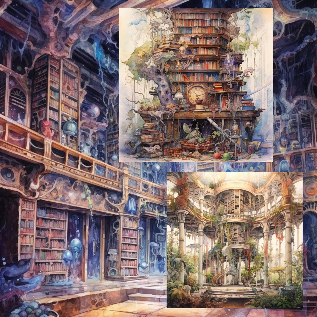 Mystical Bibliotheca: A Fantasy Library Art Collection, 27 PNG Digital ...