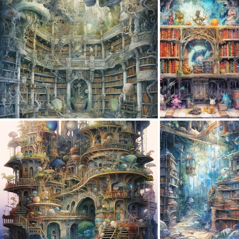 Mystical Bibliotheca: A Fantasy Library Art Collection, 27 PNG Digital ...