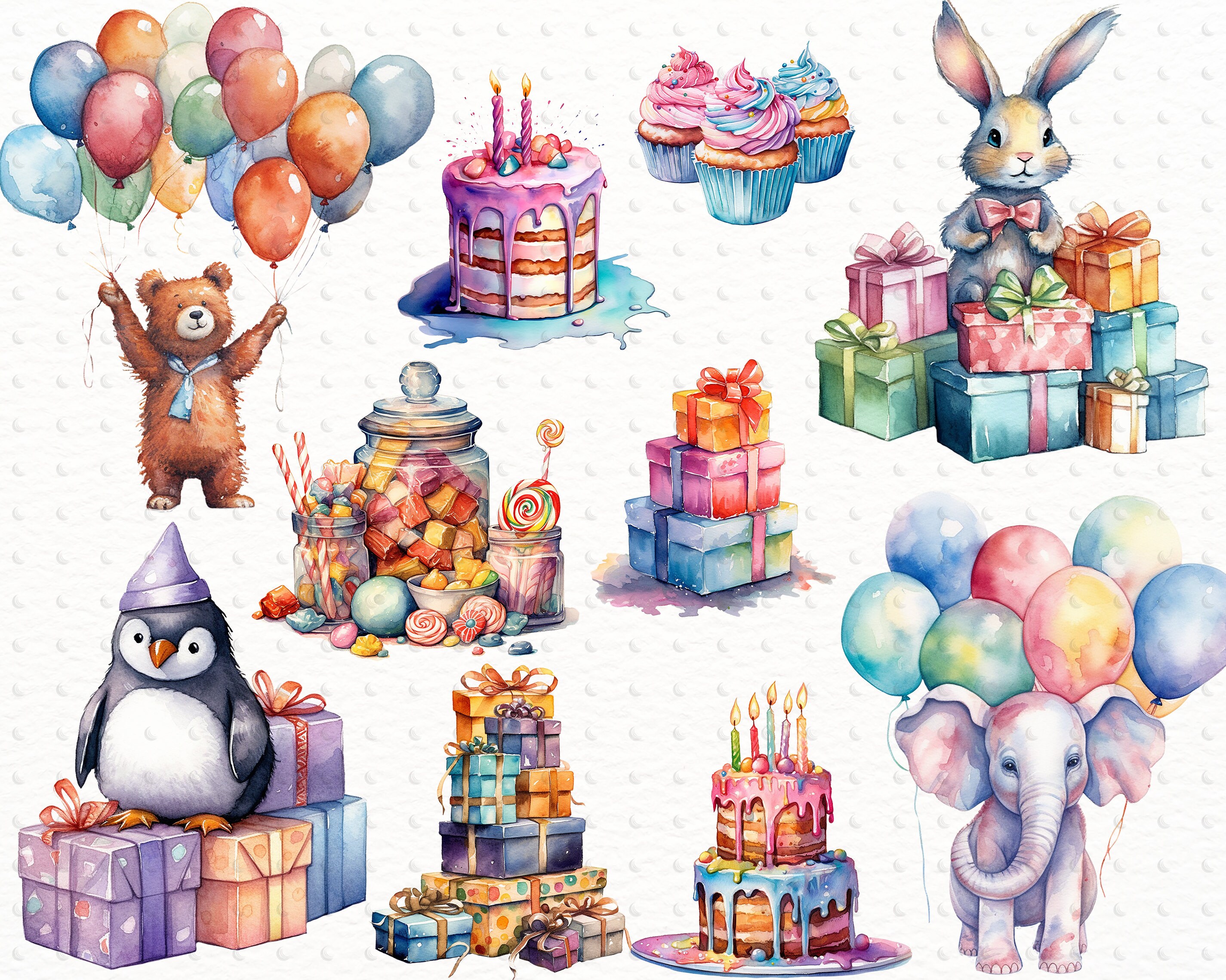 Birthday Clipart Watercolor Birthday Animals Watercolor - Etsy
