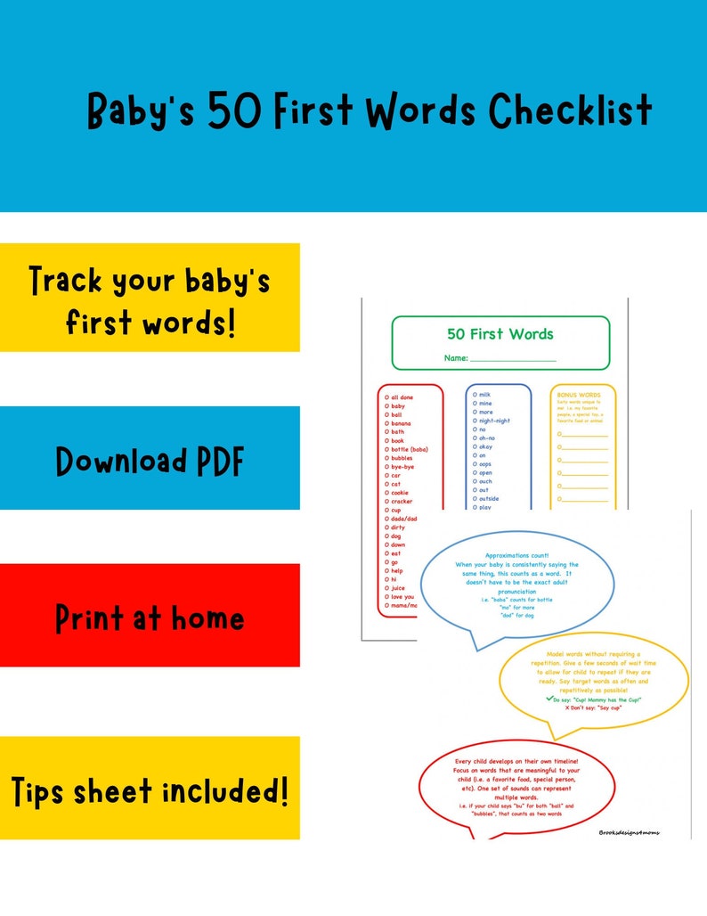 50 First Words Printable Checklist, Baby's First Words, First Words ...