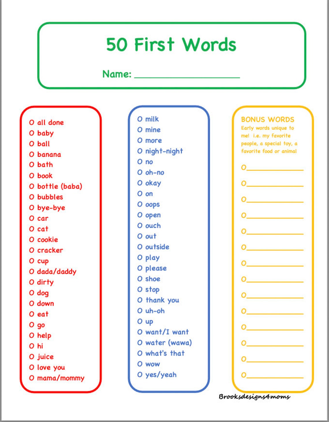 50 First Words Printable Checklist, Baby's First Words, First Words ...