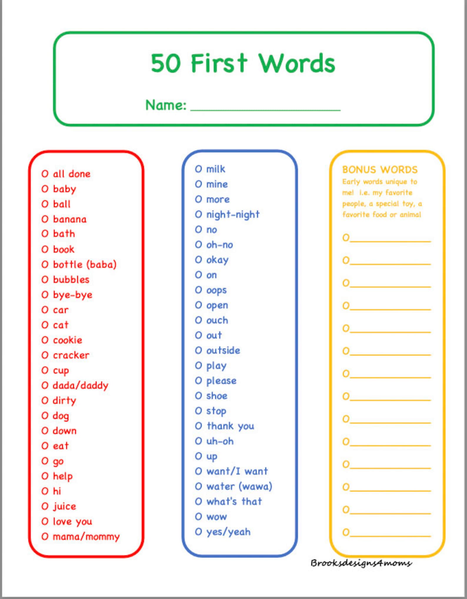 50 First Words Printable Checklist, Baby's First Words, First Words ...