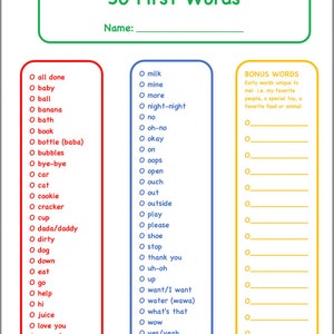 50 First Words Printable Checklist, Baby's First Words, First Words ...