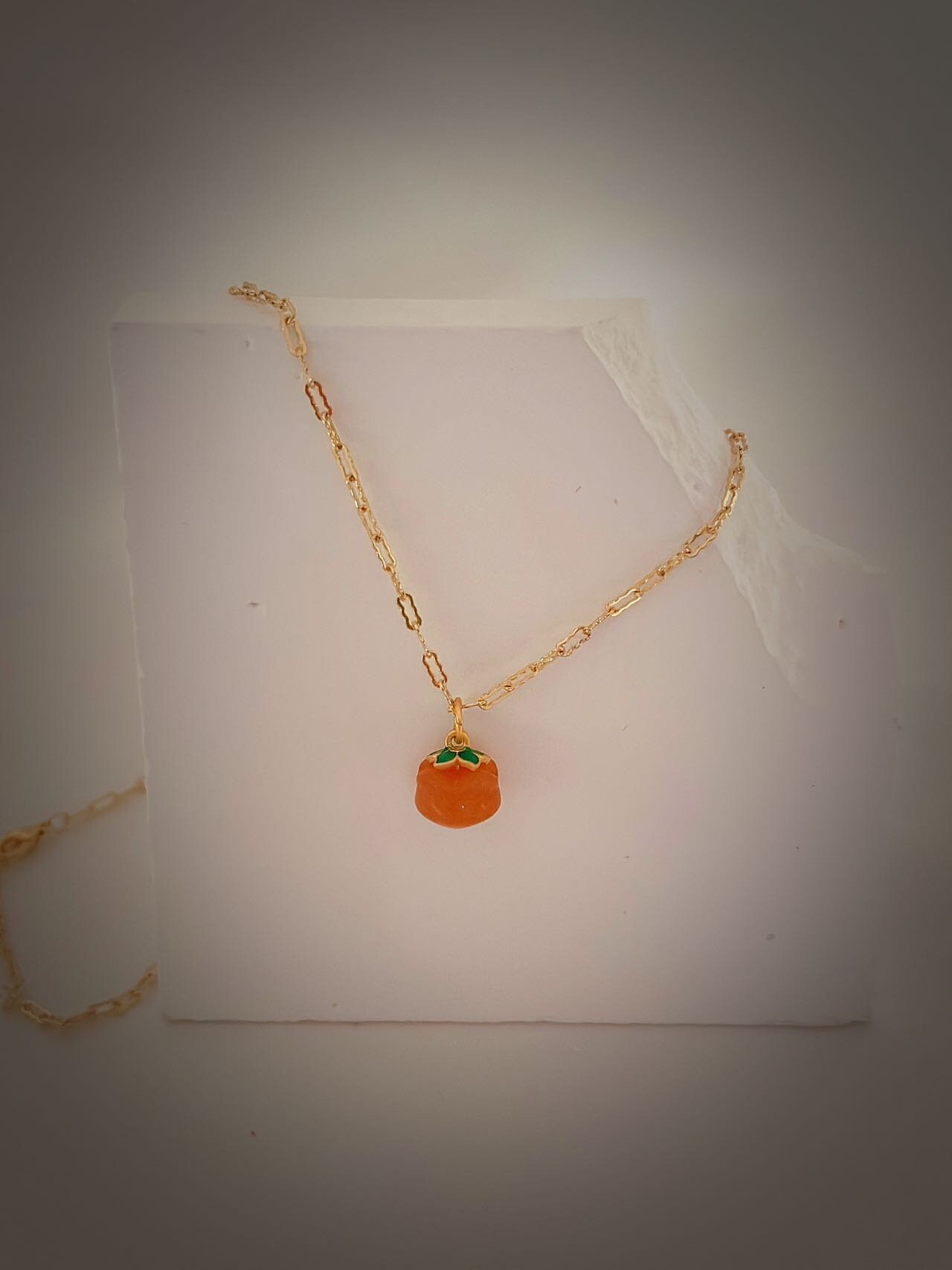 14K Gold Fruit Persimmon Fortune's Delight Pendant With Long Link Cable ...