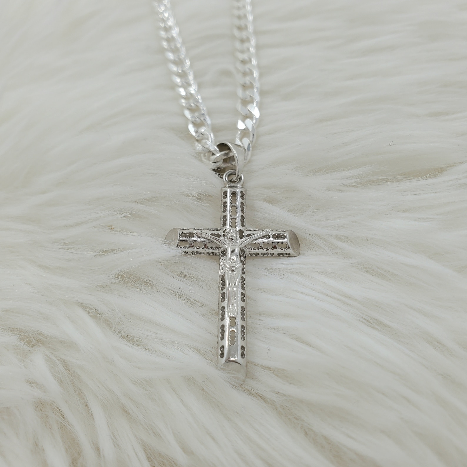 925 Sterling Silver Curb Cuban Link Chain WITH Cross, Crucifix Pendant ...
