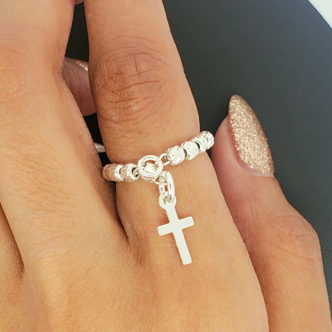 Stylish 925 Sterling Silver Rosary Ring, Religious Cross Rosary Ring ...