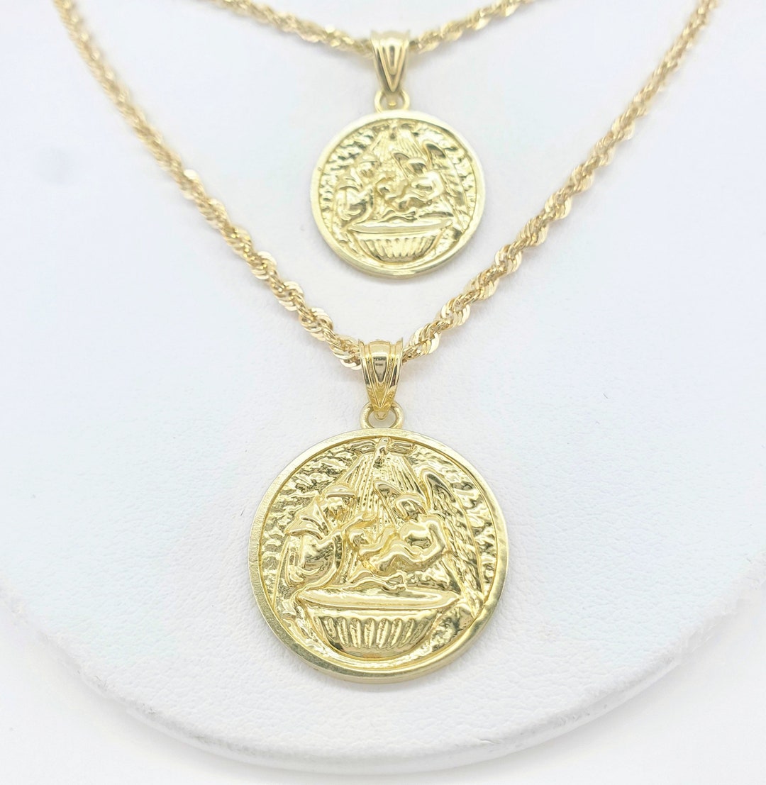 Solid 10K Genuine Gold Holy Baptism Pendant With Textured Diamond Cuts ...
