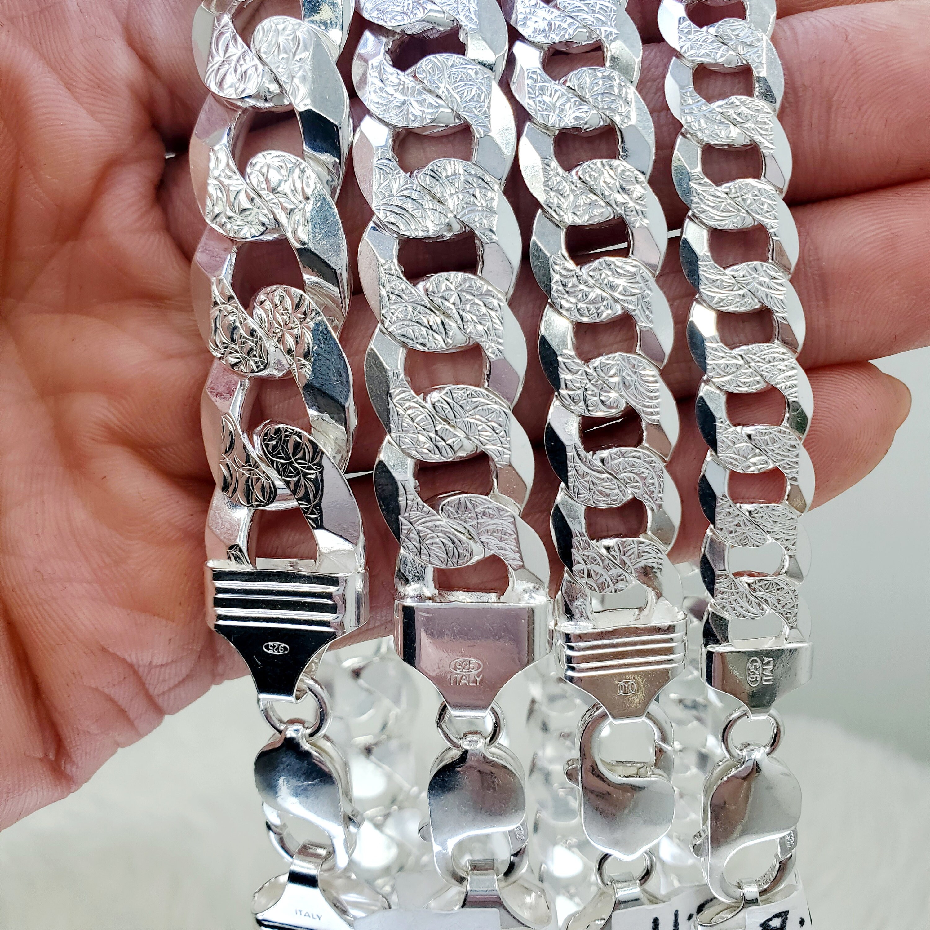 Solid Italy 925 Sterling Silver Diamond Cut Curb Cuban Chain 10mm, 12mm ...