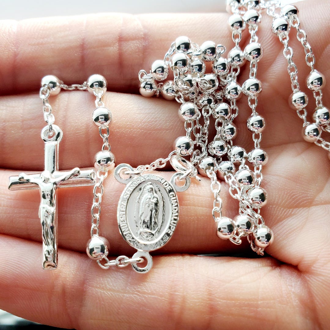 925 Sterling Silver Virgin Mary Rosary Necklace 4mm Bead Ball Chain ...