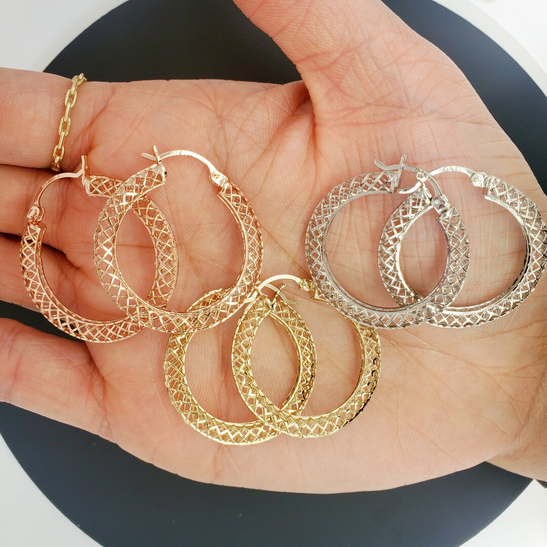 10k Gold Over 925 Sterling Silver Fancy Netted Basket Hoop Earring ...