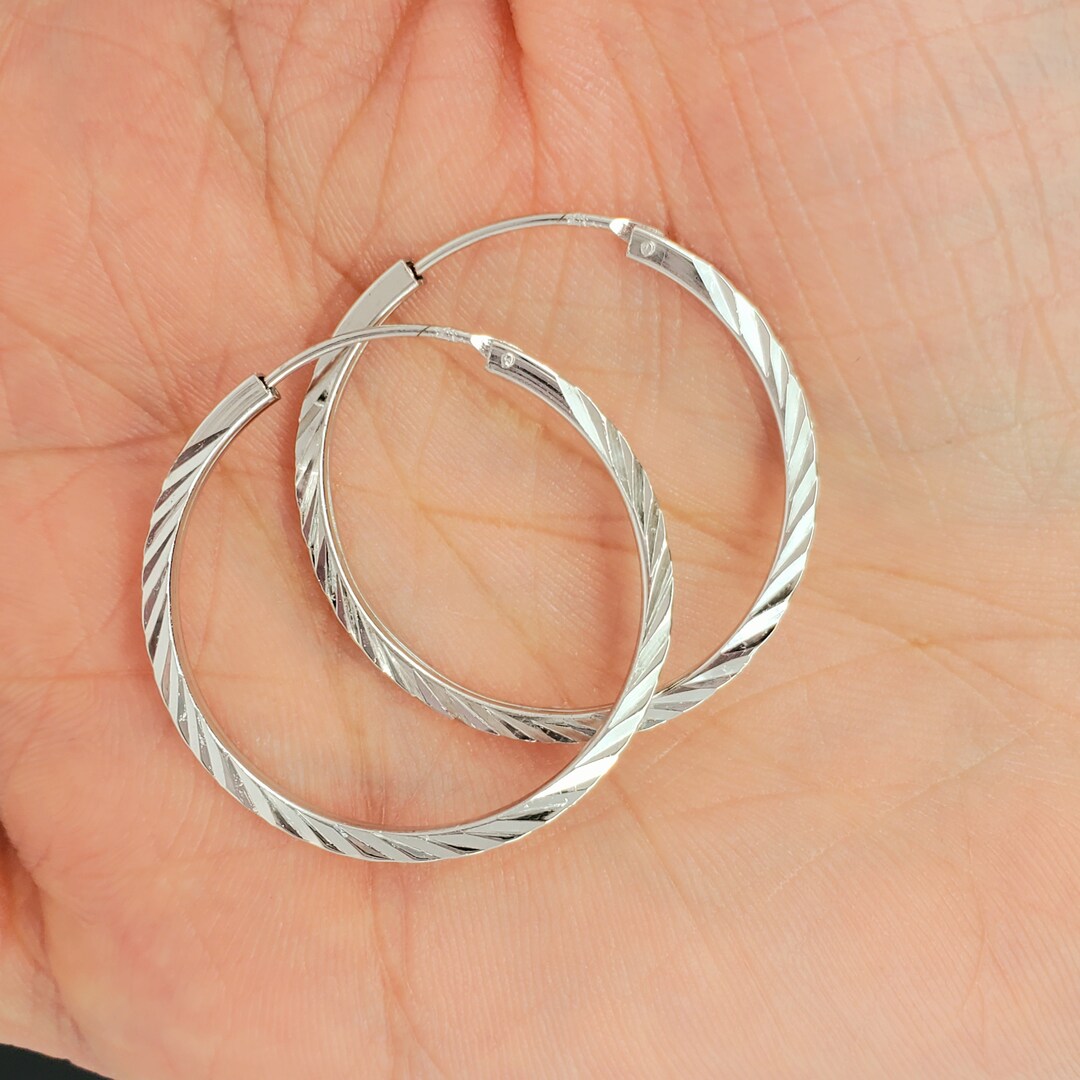 Genuine 925 Sterling Silver Fancy Diamond Cut Hoop Earring,2mm Ladies ...