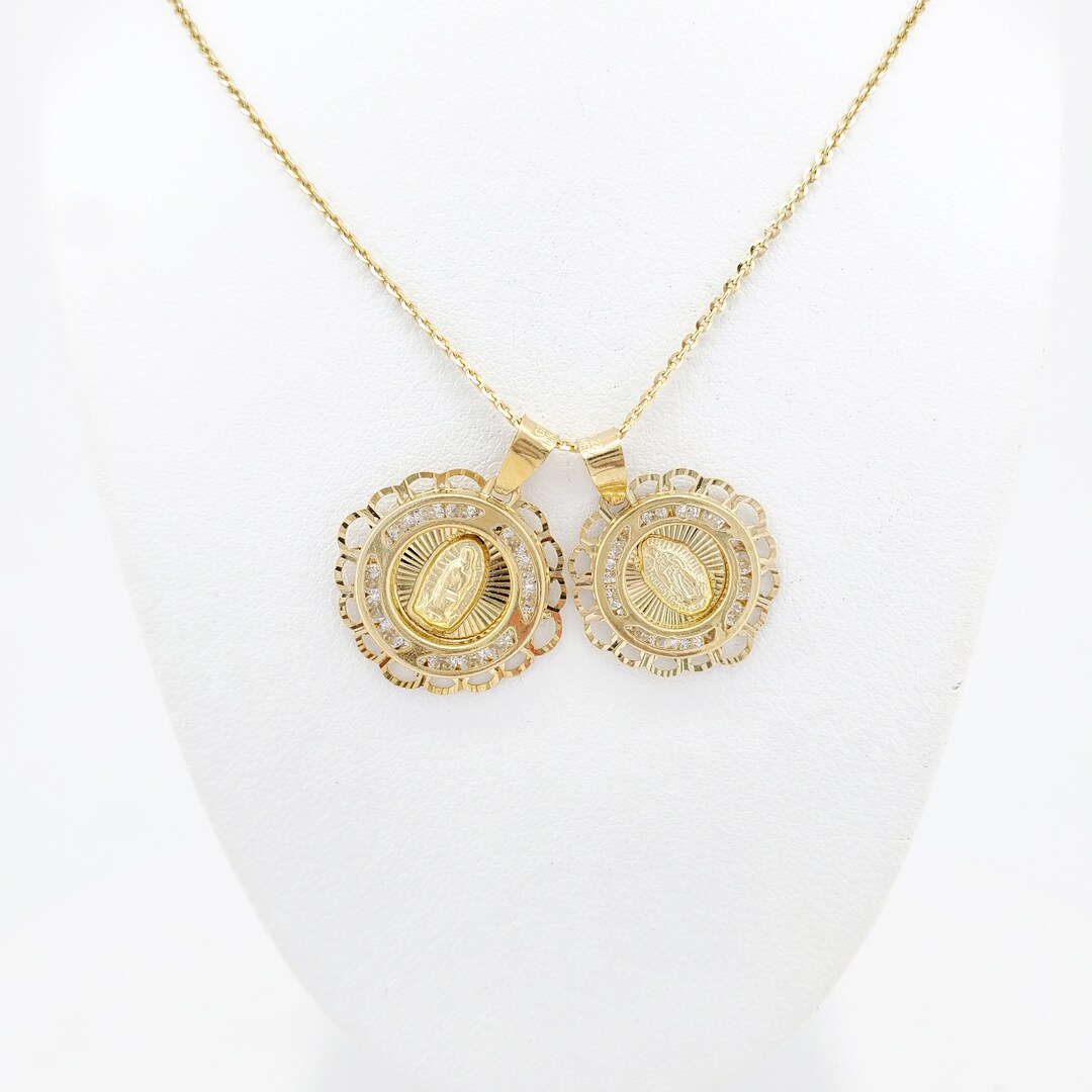 Solid 10K Genuine Gold CZ Virgin Mary Pendant With Patterned Edge ...