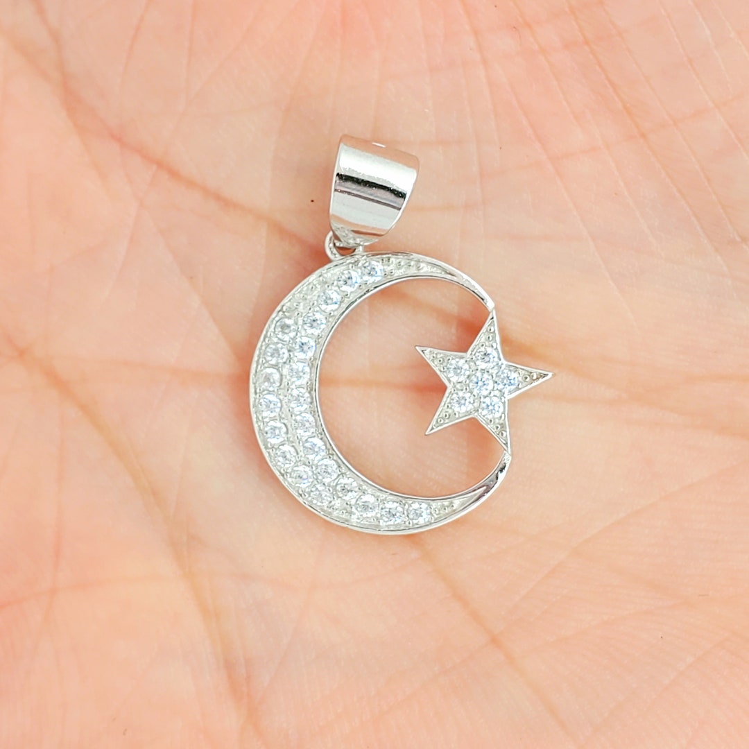 925 Sterling Silver CZ Moon and Star Rolo Necklace, Sparkle Moon/star ...
