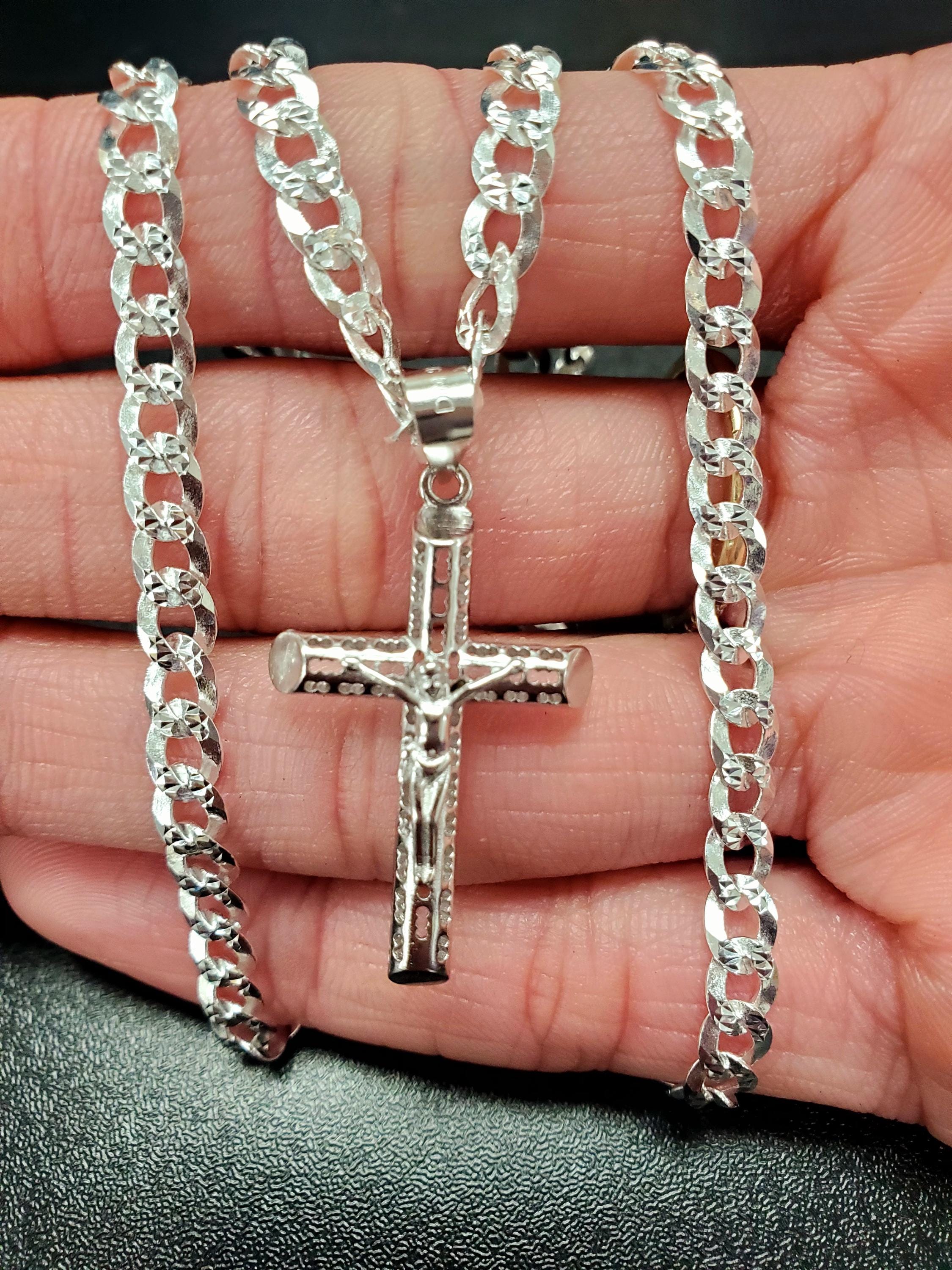 925 Sterling Silver Curb Cuban Link Chain WITH Cross, Crucifix Pendant ...