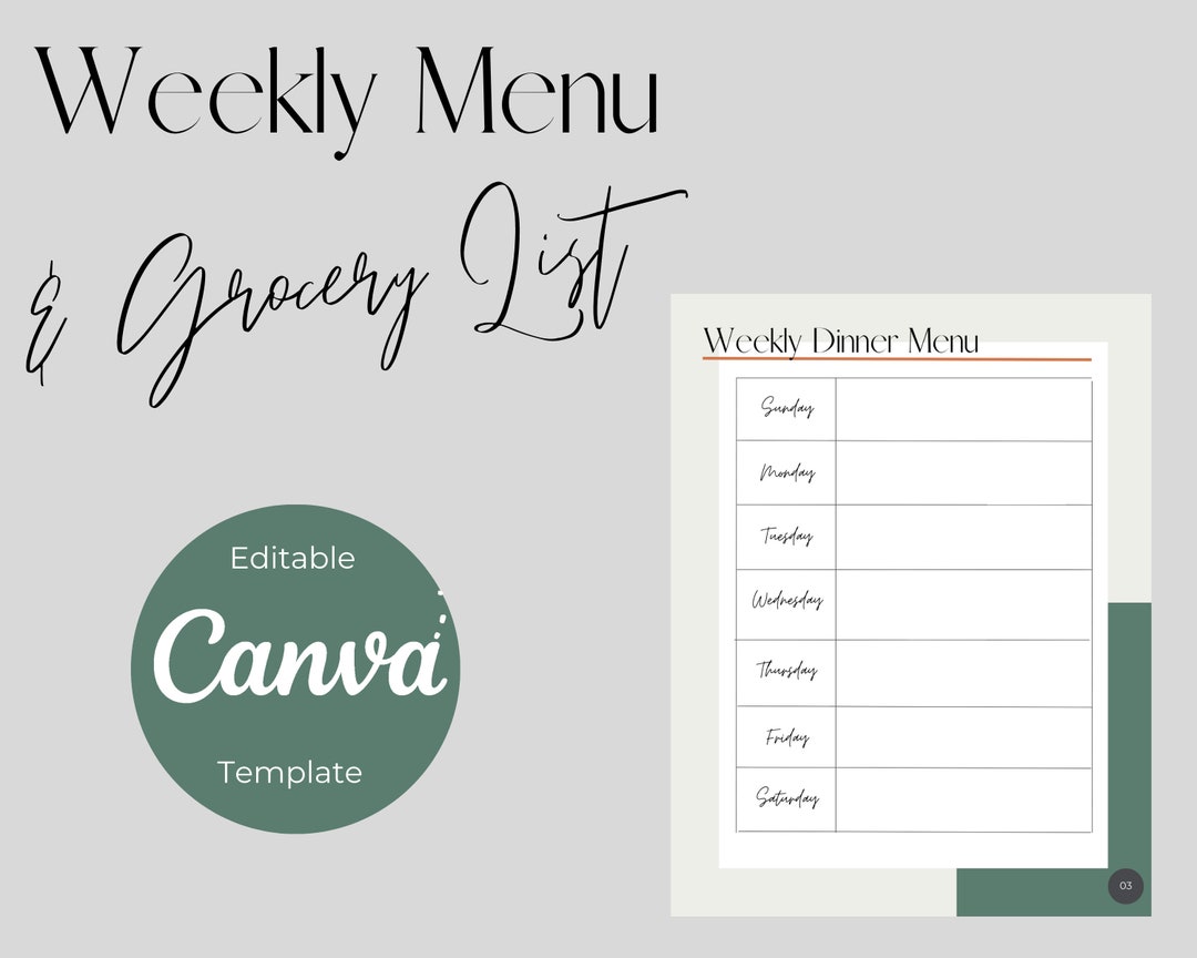 Weekly Menu | Grocery List | Printable Template | Instant Download ...