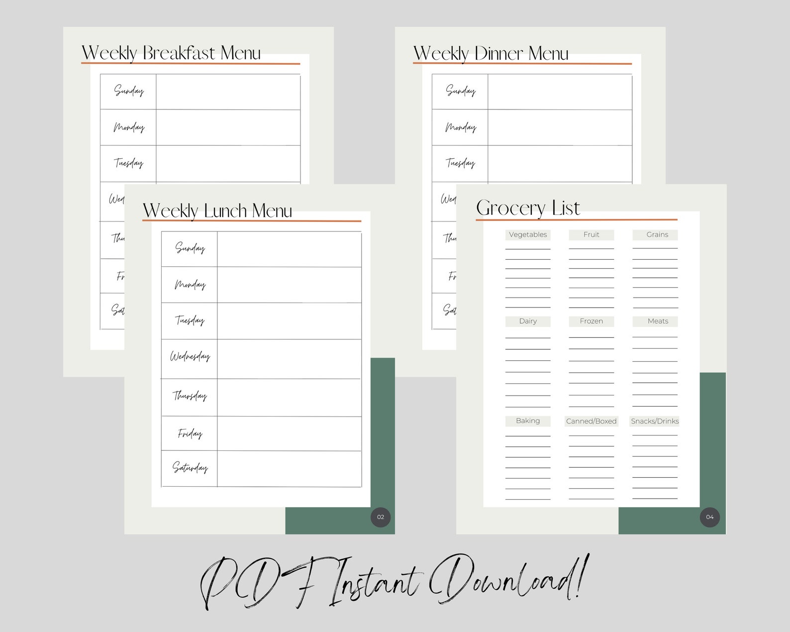 Weekly Menu | Grocery List | Printable Template | Instant Download ...