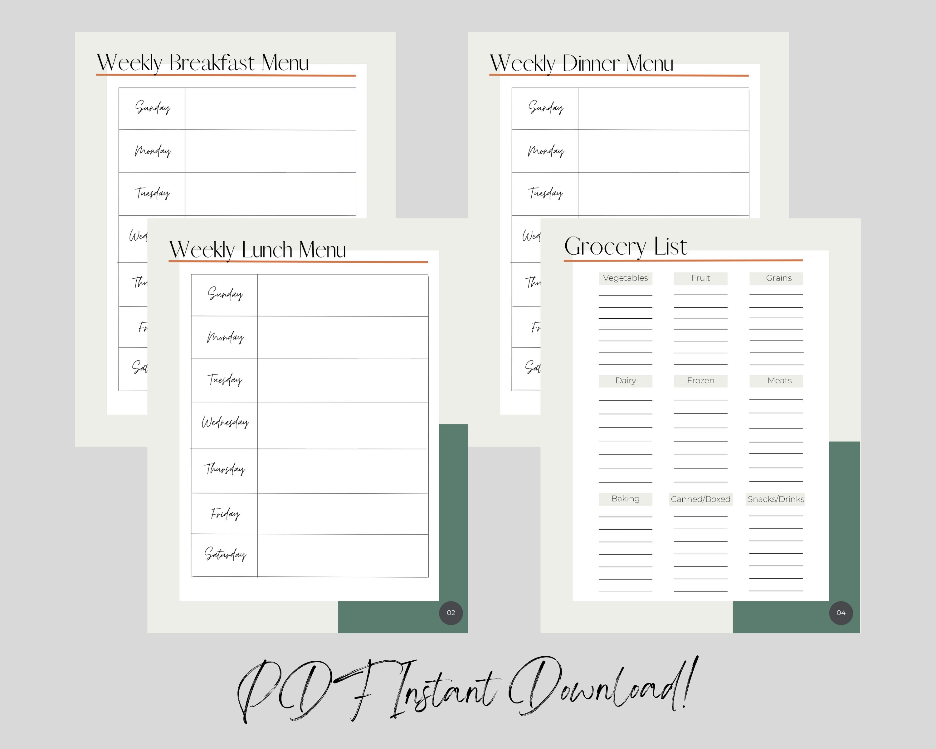 Weekly Menu Grocery List Printable Template Instant Download PDF - Etsy