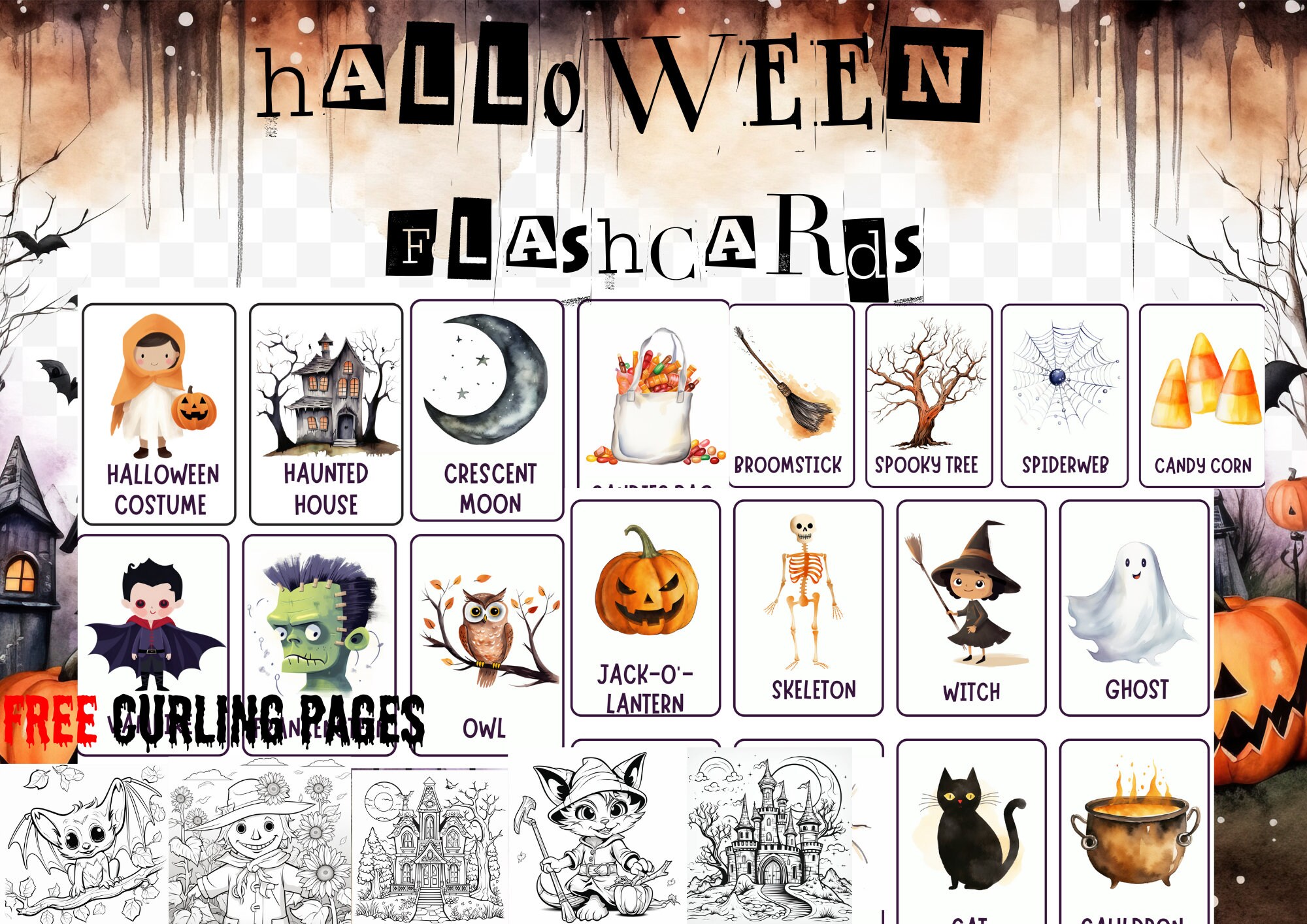 20 Watercolor Halloween Flashcards Ghost Motor Skills - Etsy