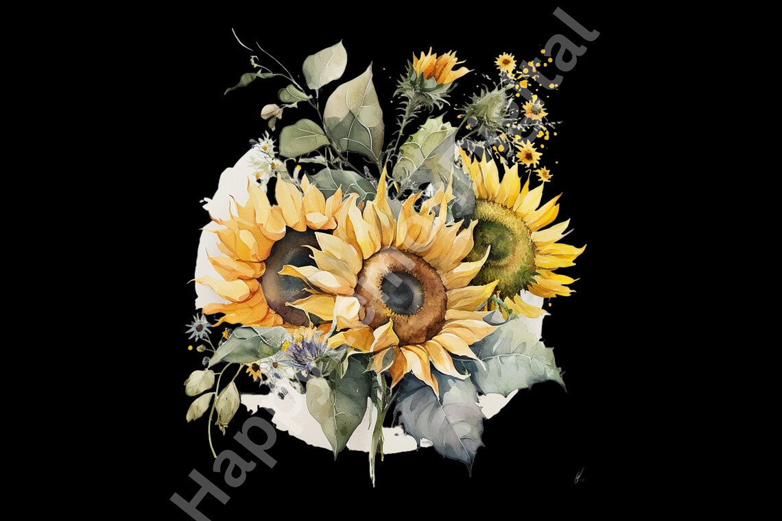Sunflower Watercolor Clipart Bundle Digital Wall Art Floral - Etsy