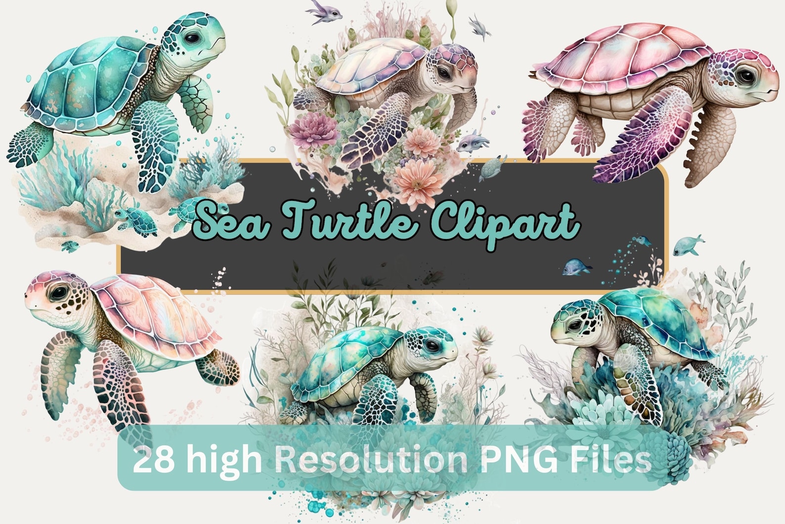 Sea Turtle Watercolor Clipart Bundle, Nautical Ocean Animals PNG for ...