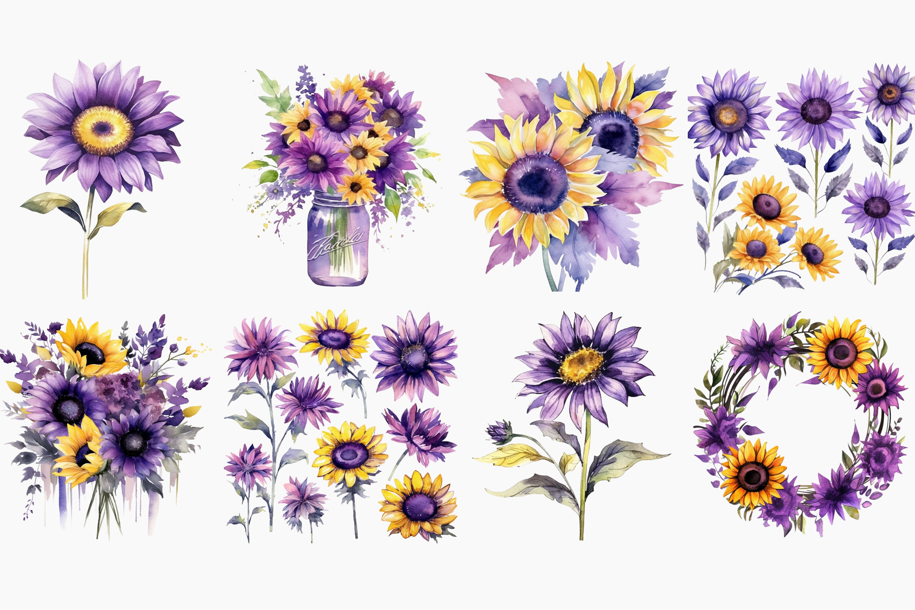 Sunflower Watercolor Bundle Clipart Digital Wall Art Floral Wedding ...