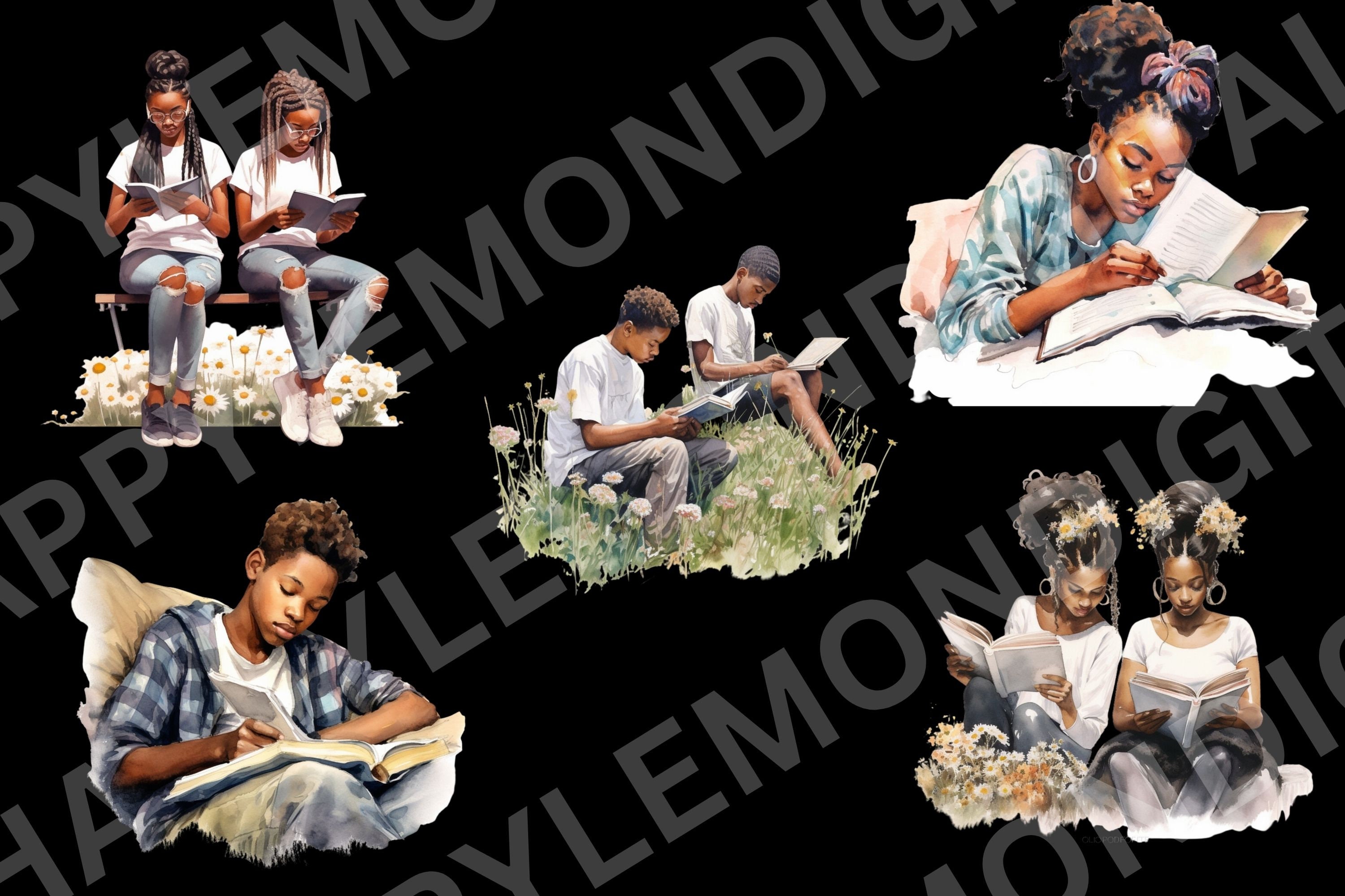 Watercolor Black Kids Reading Clipart Bundle Book Lover Art Black Girl ...