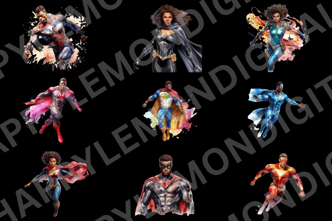 Watercolor Superhero Clipart Bundle Black Super Hero Birthday Party ...