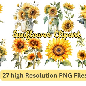 Sunflower Watercolor Clipart Bundle Digital Wall Art Floral Wedding ...