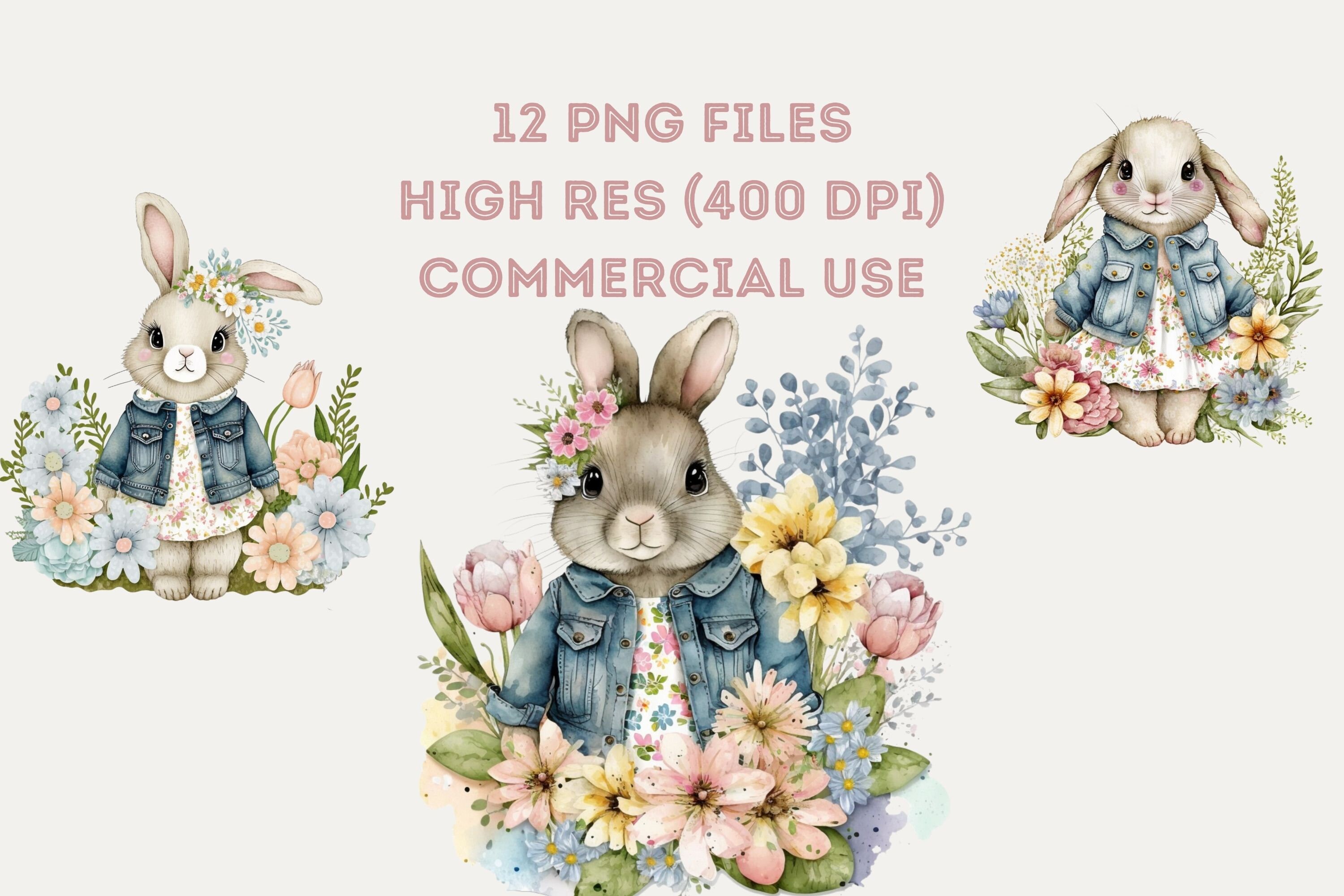 Cute Bunny Clipart Bundle, Bunny With Flowers PNG Spring Nursery Art ...