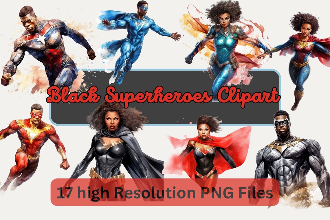 Watercolor Superhero Clipart Bundle Black Super Hero Birthday Party ...