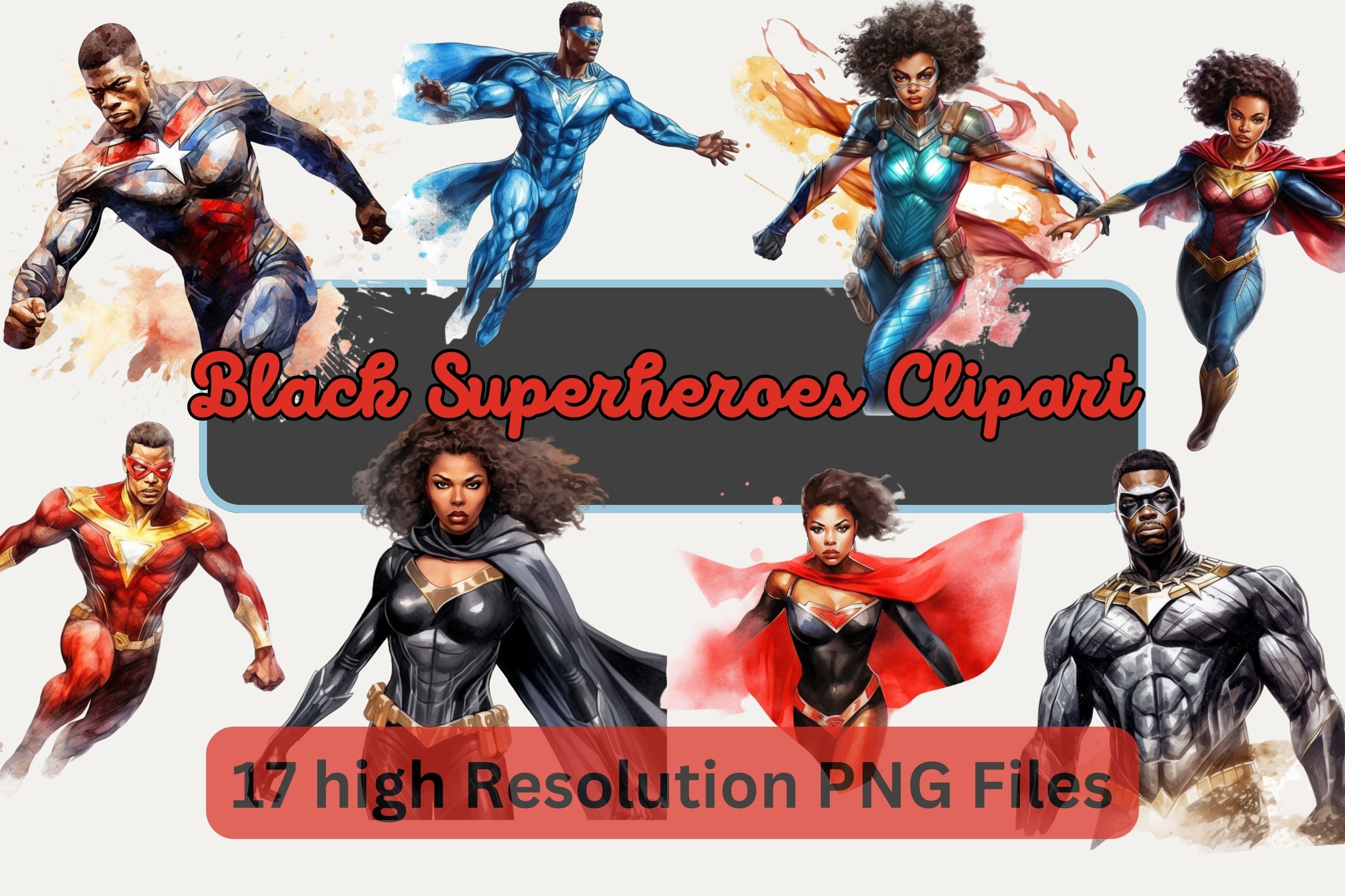 Watercolor Superhero Clipart Bundle Black Super Hero Birthday Party ...