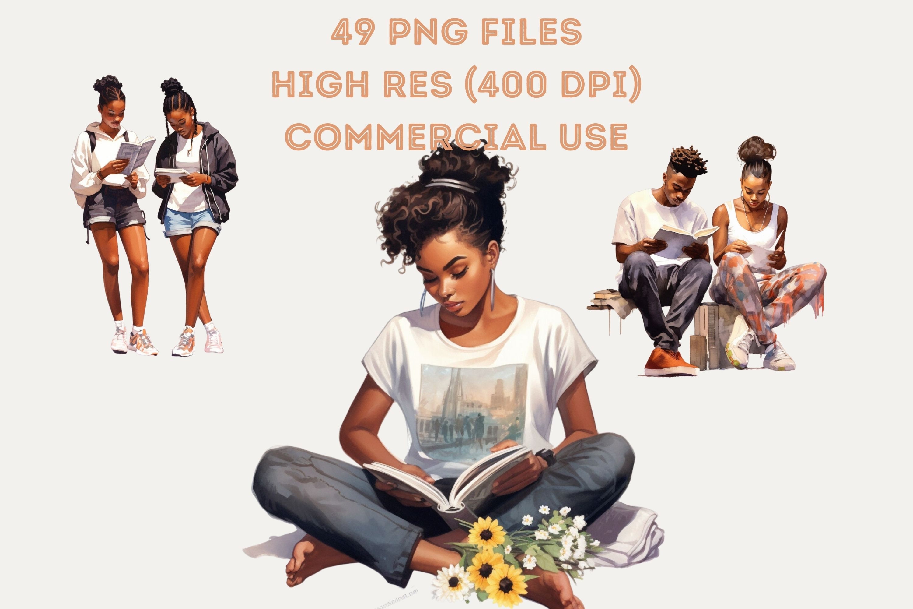 Watercolor Black Kids Reading Clipart Bundle Book Lover Art Black Girl ...