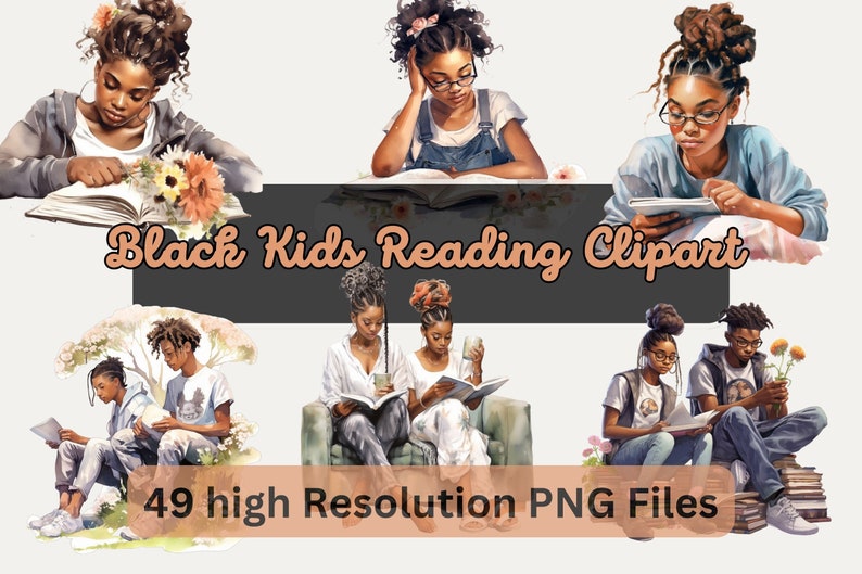 Watercolor Black Kids Reading Clipart Bundle Book Lover Art Black Girl ...