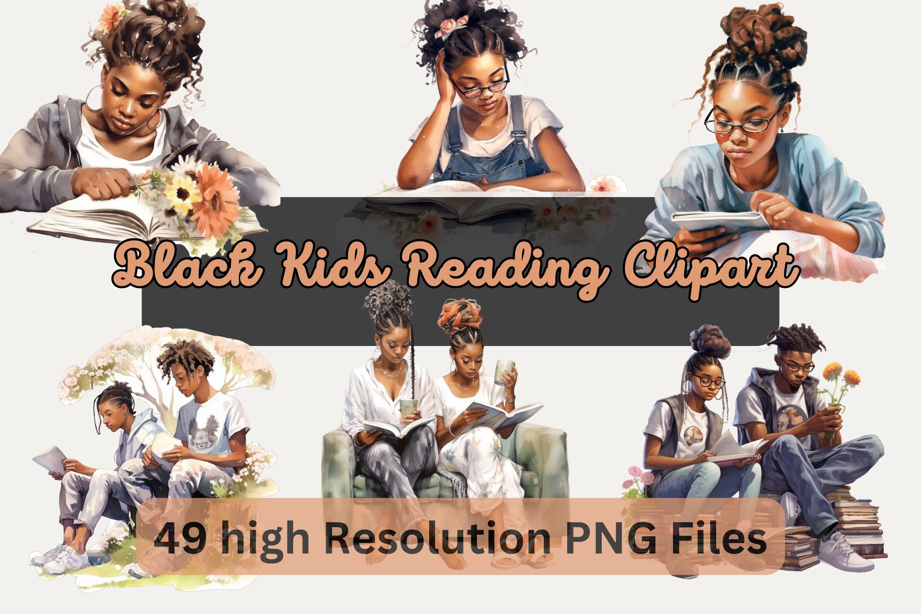 Watercolor Black Kids Reading Clipart Bundle Book Lover Art Black Girl ...